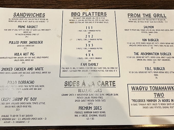 The menu reads like a love letter to regional American barbecue traditions – no allegiances declared except to deliciousness.