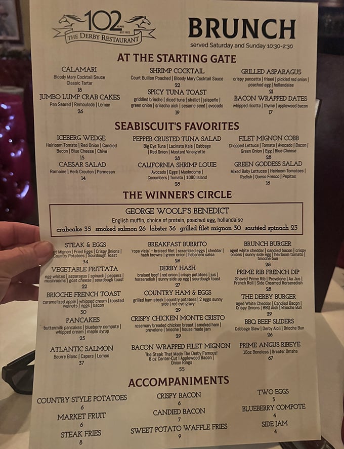 A menu that reads like a thoroughbred's dream—where every dish is racing for your attention and Seabiscuit himself would approve.