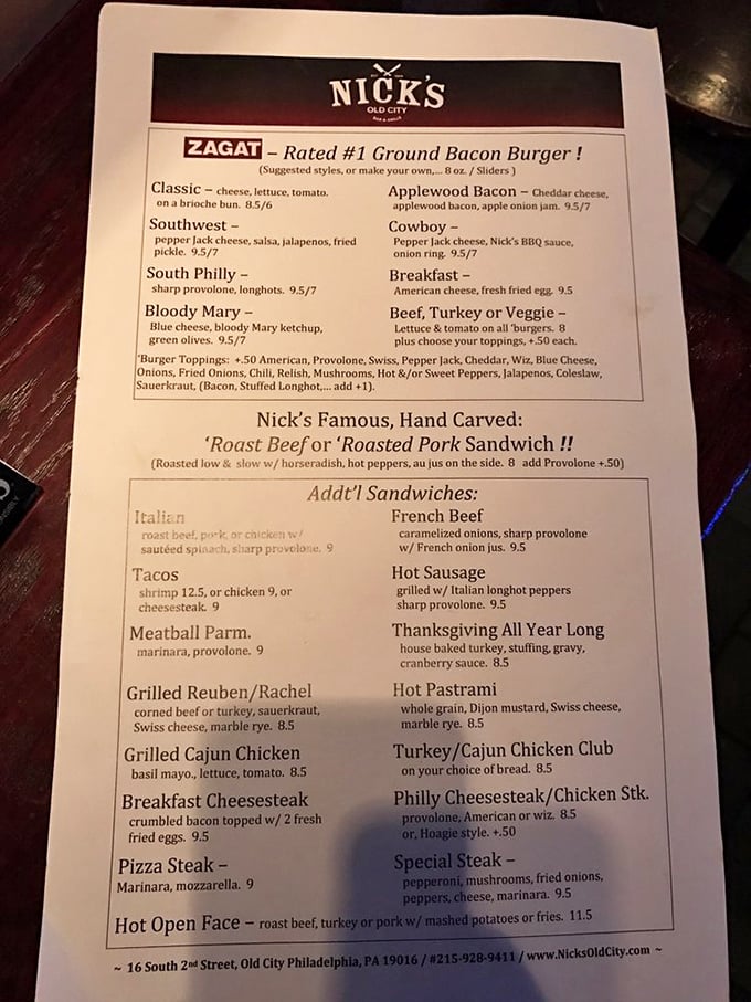 A menu that reads like a love letter to comfort food classics. That Zagat-rated ground bacon burger isn't messing around.