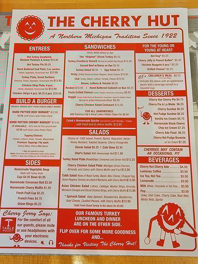 The menu reads like a love letter to cherries, with everything from cherry burgers to cherry floats—proof that obsession can be delicious.