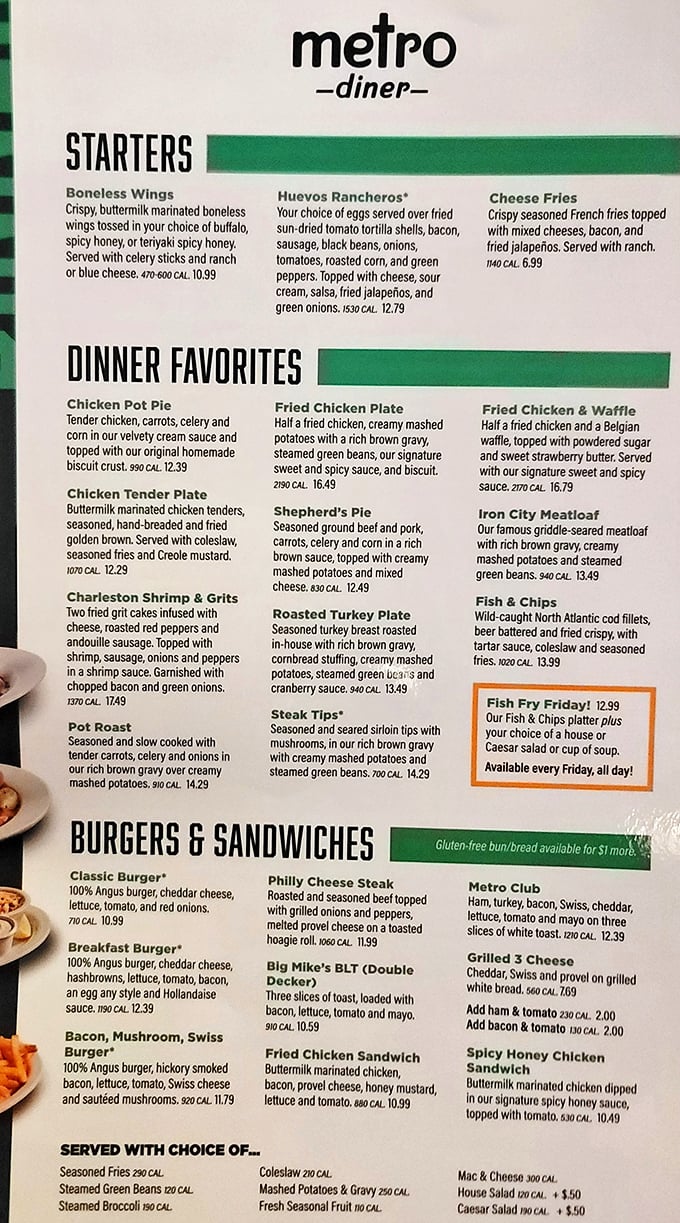 The menu reads like a love letter to comfort food. Each calorie count is just a suggestion, right?
