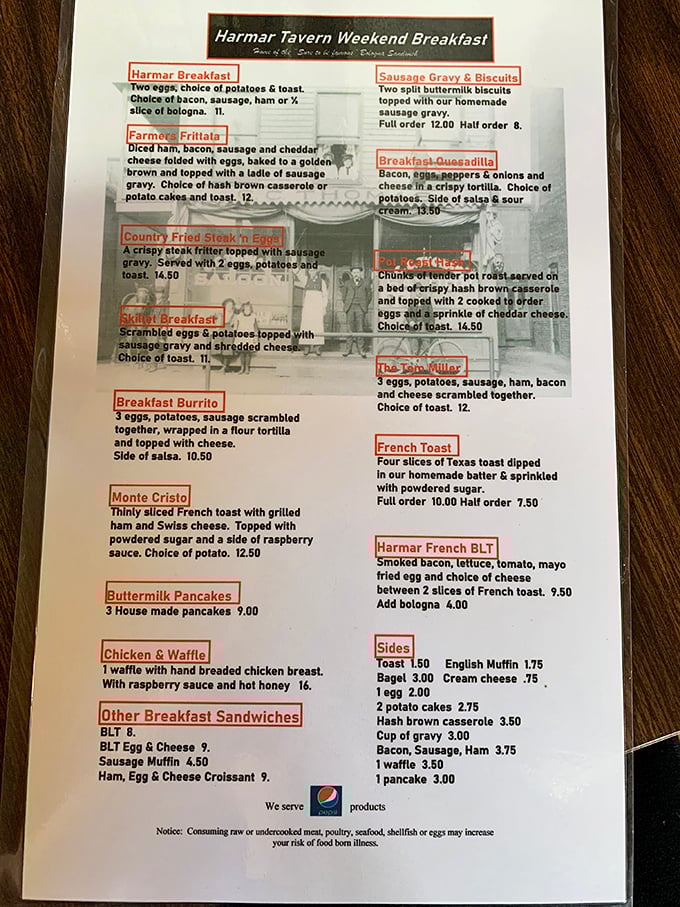 The breakfast menu reads like a love letter to morning comfort food. Notice bologna makes an appearance even at sunrise—these folks are serious about their specialty.