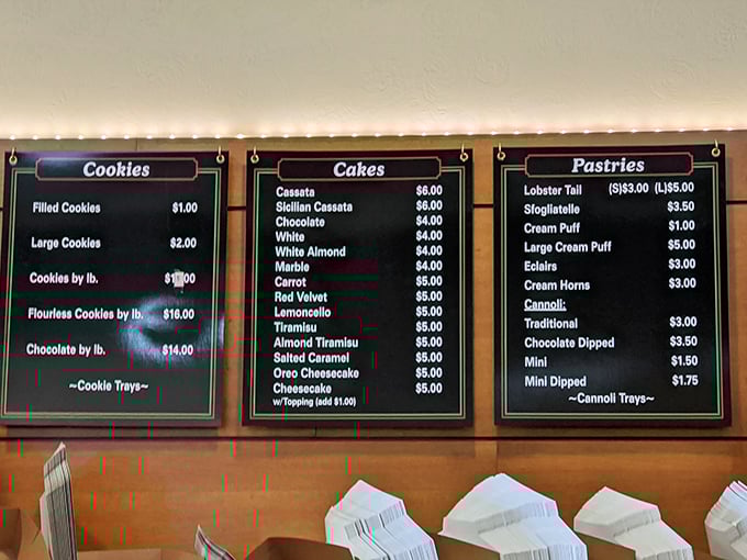 The menu board reads like poetry to dessert lovers—a greatest hits album of Italian pastry classics that would make Dean Martin break into song.