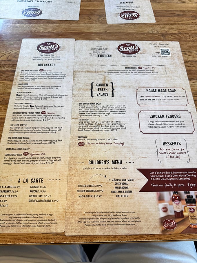 This isn't just a menu – it's a roadmap to happiness. Note the "Elvis Waffle" that would make the King himself swivel with delight.