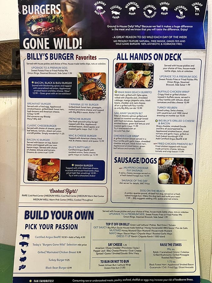 The menu reads like a carnivore's dream journal—wild game burgers rotate daily, proving Monday through Sunday can each have their own flavor profile.