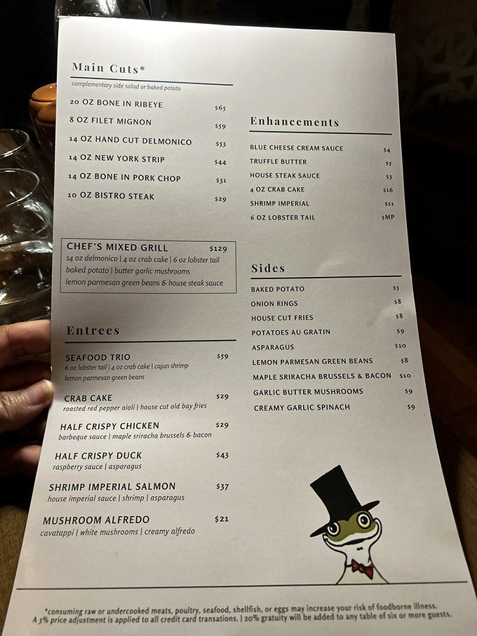 The menu reads like a carnivore's dream journal, with that dapper frog mascot adding just the right touch of whimsy.