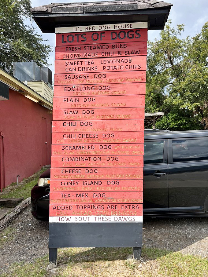 This menu board doesn't need fancy fonts or pretentious descriptions—just a straightforward list of hot dog perfection waiting to be devoured.