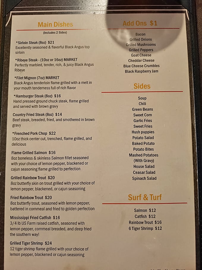 The menu reads like a love letter to carnivores—Black Angus steaks flame-grilled with descriptions that'll make your mouth water before the first bite.