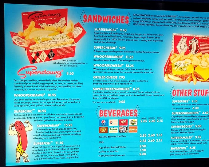 This menu isn't just a list of food—it's a declaration of Chicago's hot dog philosophy, complete with cartoon mascots that have more personality than most reality TV stars.