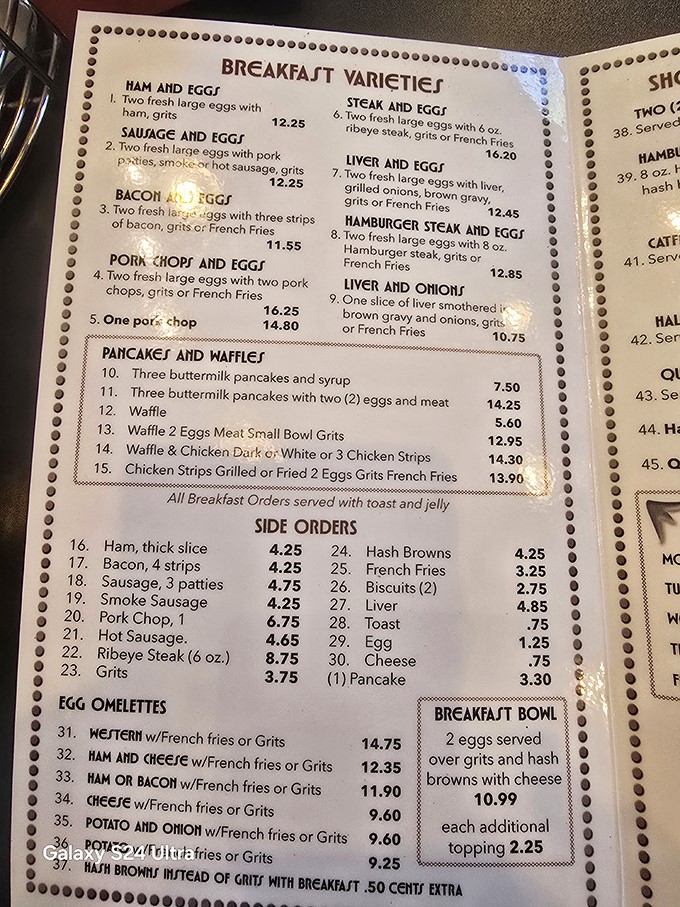 This menu isn't just a list of options—it's a roadmap to happiness where breakfast is served all day and prices won't give your wallet indigestion.