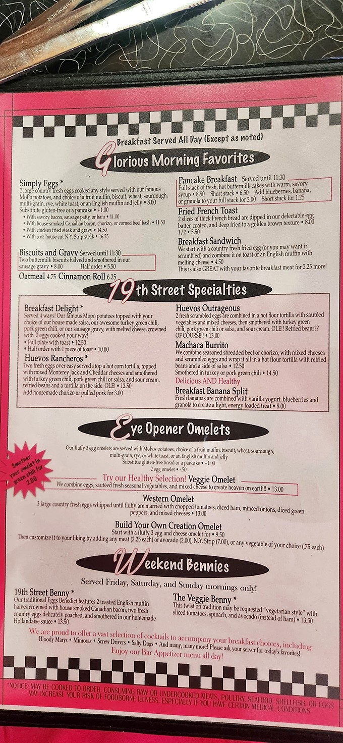 The menu reads like a love letter to breakfast enthusiasts. "Glorious Morning Favorites" isn't just a section title—it's a promise.