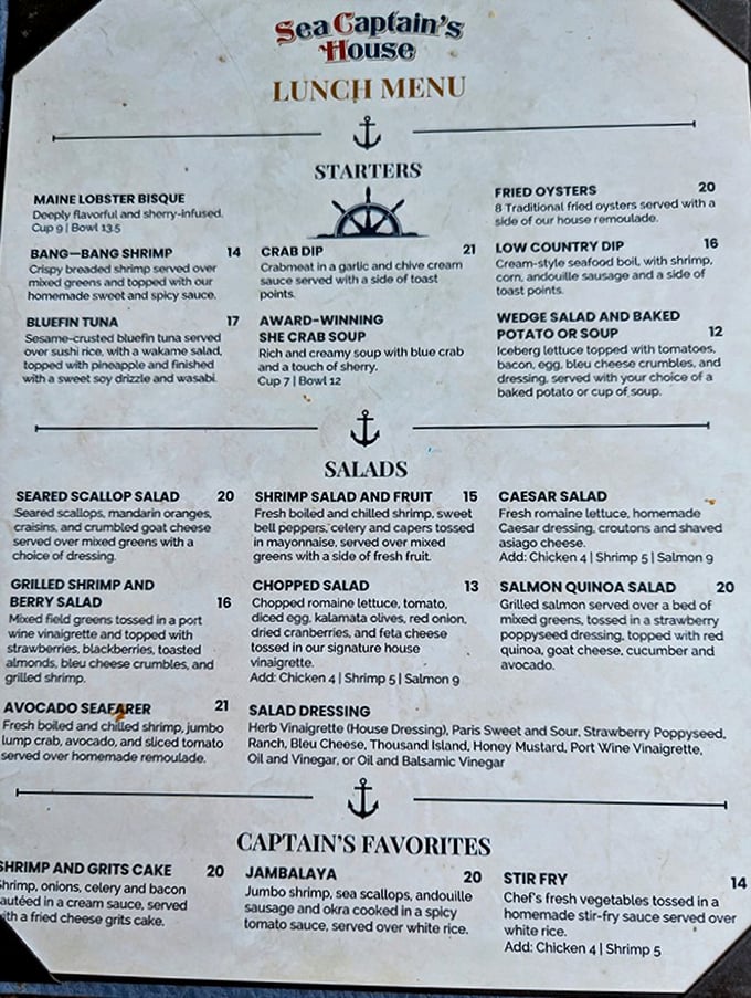 The menu reads like maritime poetry—She Crab Soup that's won awards, Bang-Bang Shrimp that'll make your taste buds dance, and seafood prepared with reverence rather than pretension.