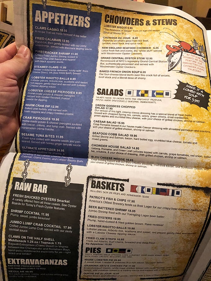 This menu isn't just a list of dishes – it's a maritime treasure map where X marks the spot for lobster bisque and seafood delights.