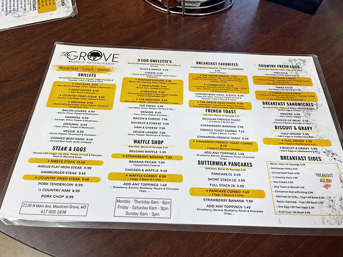 The menu reads like a love letter to breakfast classics – notice that highlighted "Waffle Shop" section calling your name?