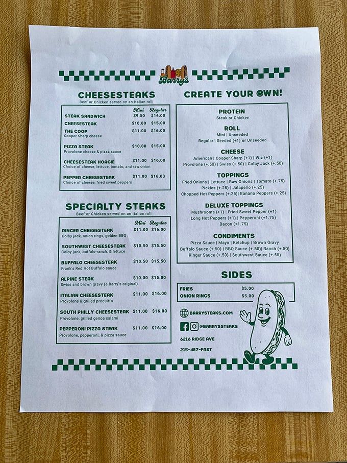 The menu at Barry's reads like poetry to the hungry—a sonnet of steak options, an ode to onions, a love letter to cheese in all its melty glory.