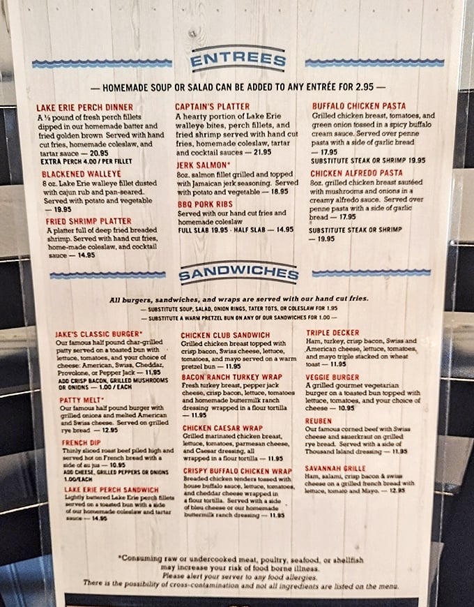 This menu reads like a love letter to Lake Erie's bounty – blackened walleye, perch dinners, and comfort classics that make decision-making deliciously difficult.