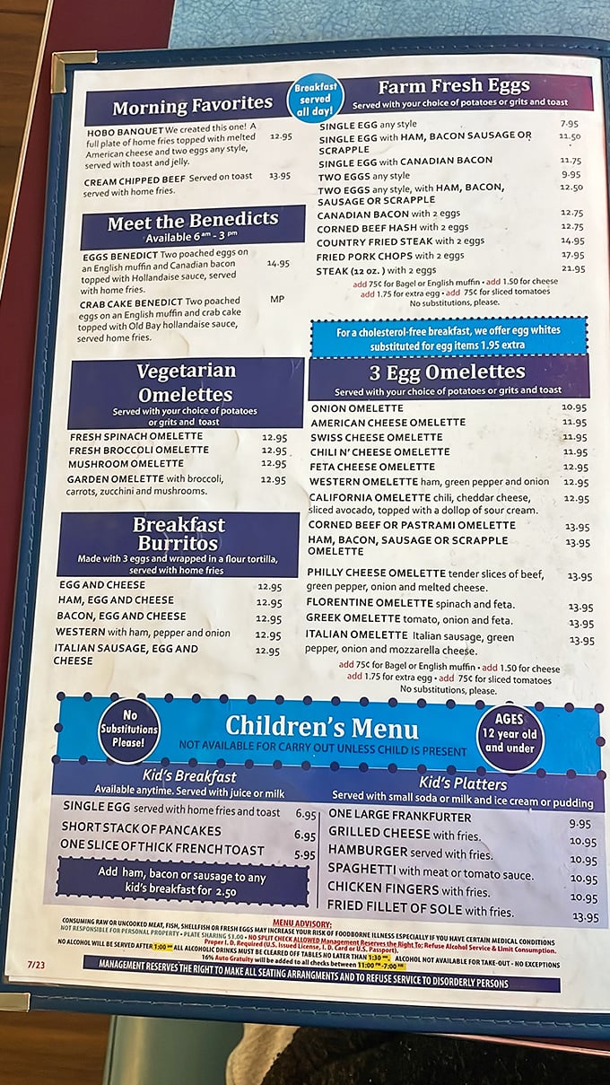 This menu isn't just a list of options—it's a roadmap to happiness with "Meet the Benedicts" serving as your delicious introduction.