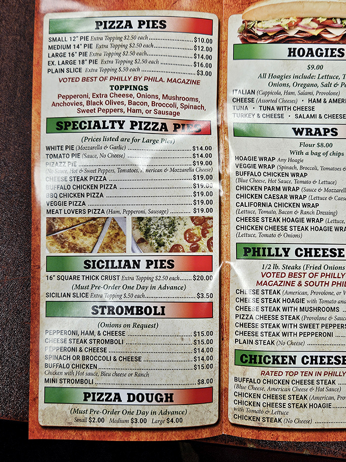 The menu board—a sacred text for pizza pilgrims—reveals Lorenzo's commitment to the classics without pretentious foodie nonsense. 