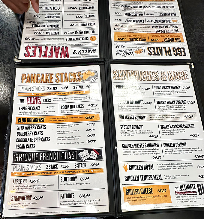 This menu isn't just a list of options—it's a roadmap to happiness with detours through waffle country and pancake paradise.