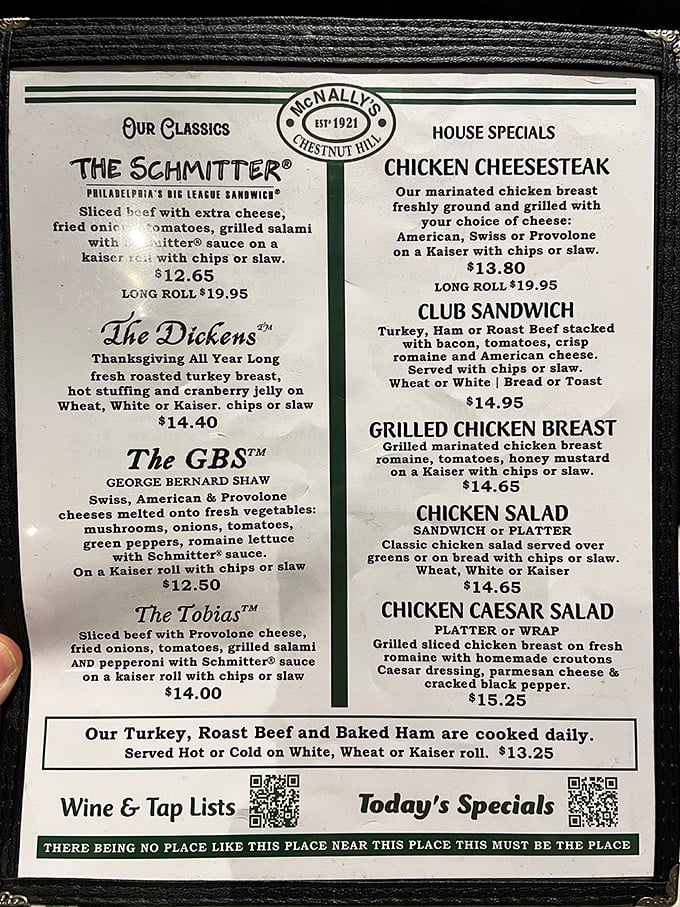 The menu that launched a thousand food pilgrimages. Notice that tagline at the bottom—truer words were never printed on laminated paper.