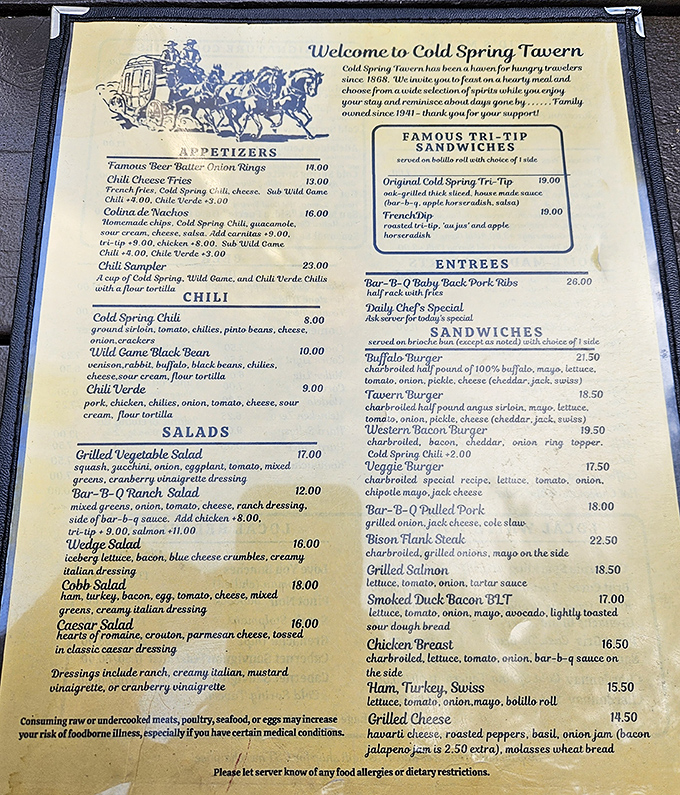 Menu from Cold Spring Tavern, serving hearty meals and famous tri-tip since 1868—a historic spot for good food and great memories.