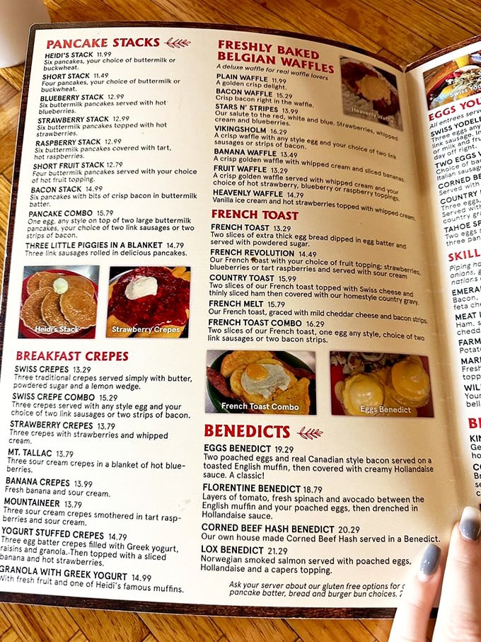 The menu reads like a breakfast lover's bucket list—from towering pancake stacks to crepes that would make a Swiss mountaineer yodel with joy.