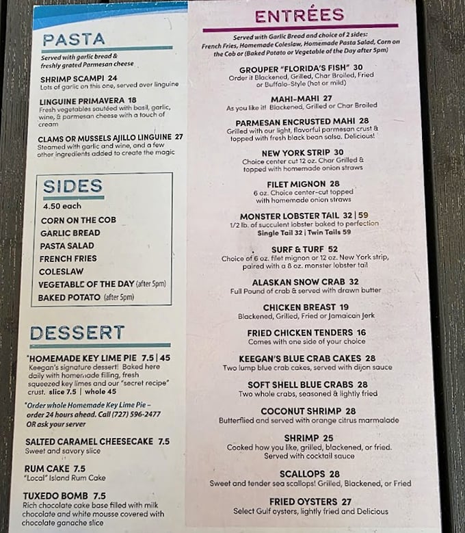 The menu reads like a love letter to the ocean – notice how "Grouper: Florida's Fish" gets top billing, a well-deserved spotlight.
