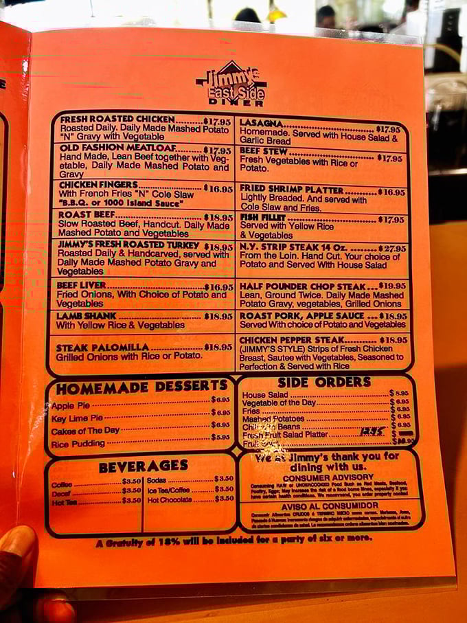 The orange menu tells no lies—just straightforward comfort food that's been satisfying Miamians for decades without a hint of pretension.