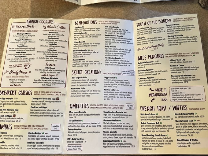 The menu at Bill's is like the breakfast bible—extensive, revered, and filled with benedictions that will make you speak in tongues of pure joy.