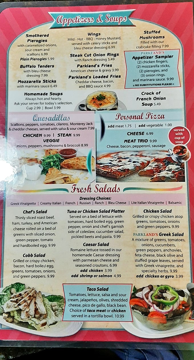 This menu reads like a love letter to comfort food. Pierogies and quesadillas living harmoniously on the same page—a United Nations of deliciousness.
