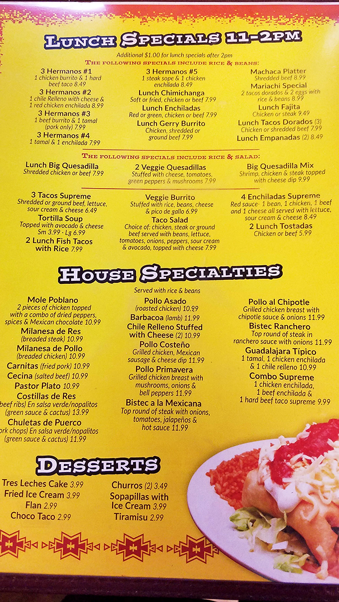 Menu treasure map: Navigate your way through lunch specials and house specialties with the confidence of a seasoned explorer. The Pollo Asado is calling!