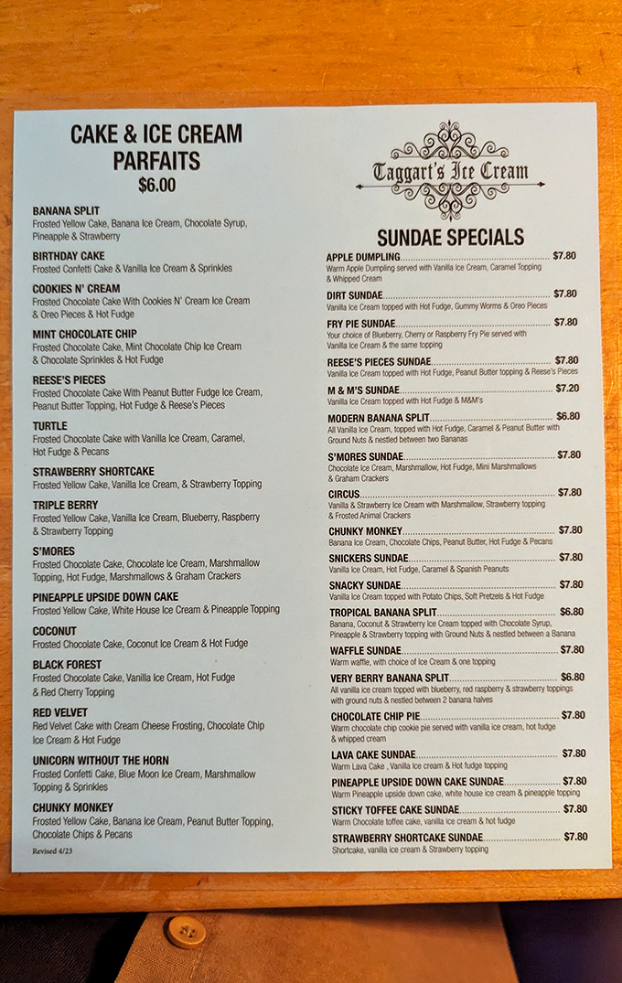 Not all treasure maps lead to gold—some, like this menu, guide you to something far more valuable: the perfect sundae.