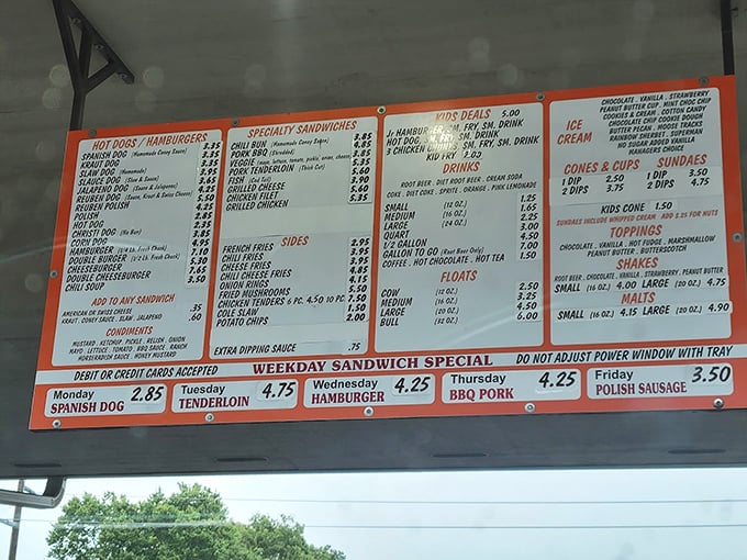 The menu board tells stories of American classics, daily specials, and decisions that will happily haunt your taste buds for days.