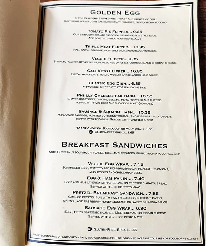 The menu reads like a love letter to breakfast enthusiasts—each "flipper" promising a different path to morning bliss.