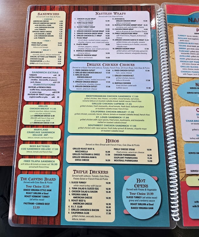 The menu – a laminated encyclopedia of comfort food possibilities that requires both strategy and restraint to navigate successfully.