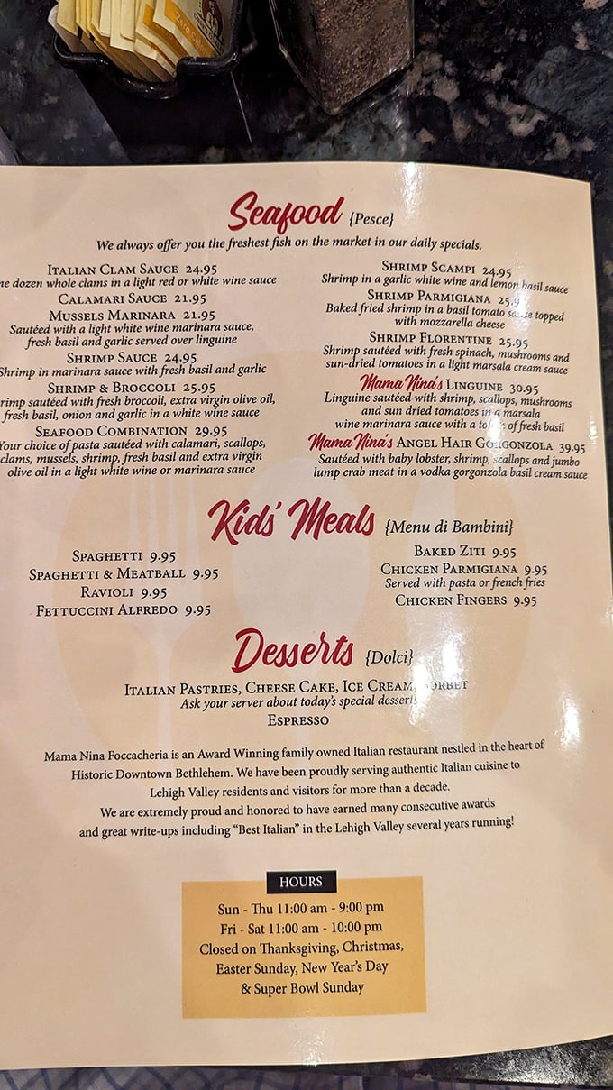 A menu that reads like a love letter to authentic Italian cuisine, featuring everything from classic comfort to coastal treasures.