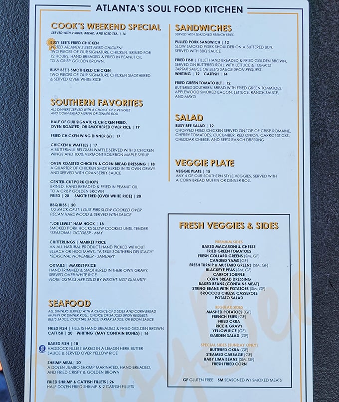 This menu isn't just a list of dishes – it's a roadmap to Southern culinary paradise where fried chicken reigns supreme and sides get the respect they deserve.