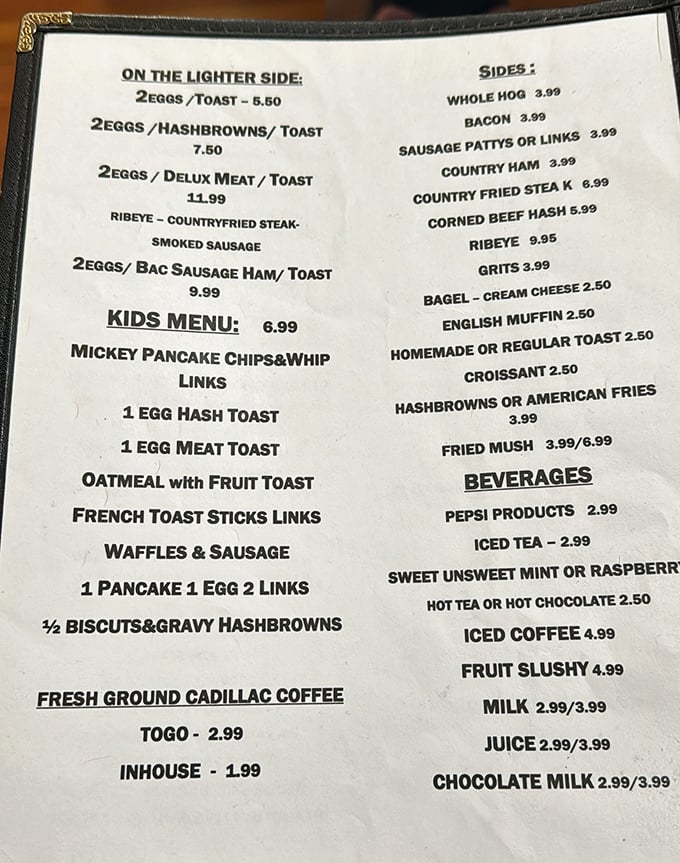 This menu isn't trying to reinvent the wheel—it's perfecting it. Simple breakfast classics at reasonable prices, the culinary equivalent of a firm handshake.