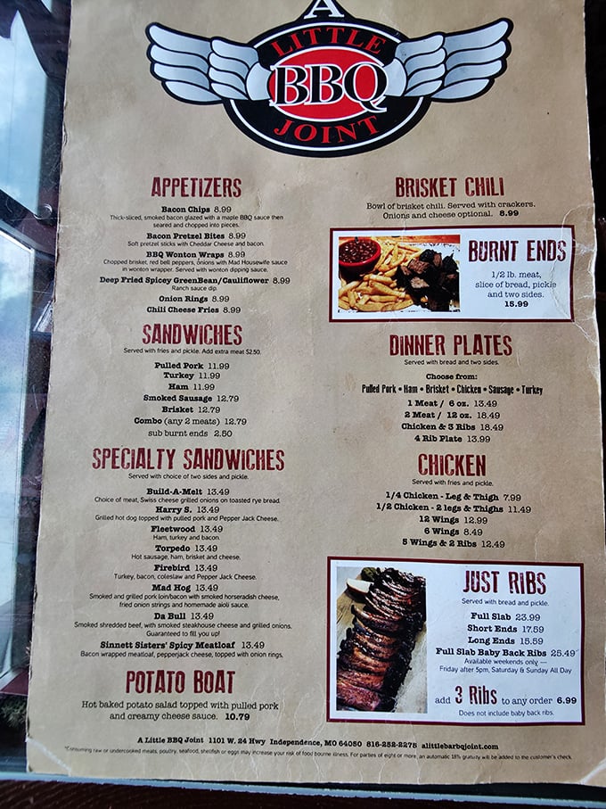 This menu isn't just a list—it's a roadmap to happiness. The burnt ends section deserves its own spotlight, like a headliner at a culinary concert.