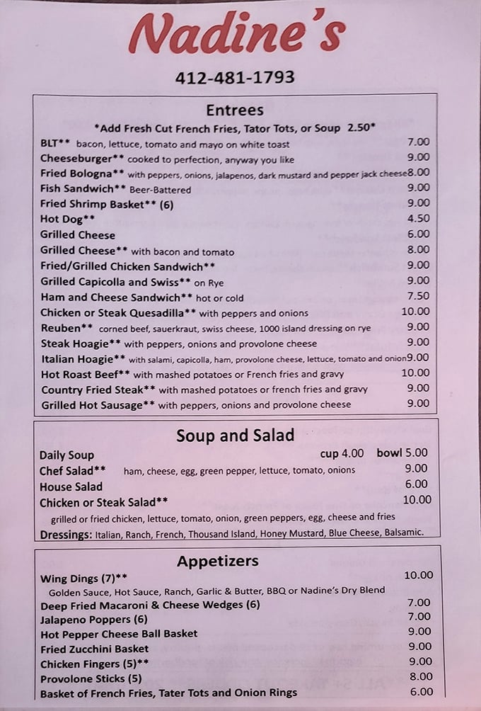 Nadine's menu reads like a love letter to comfort food classics – no molecular gastronomy here, just the promise of satisfaction that keeps regulars coming back.