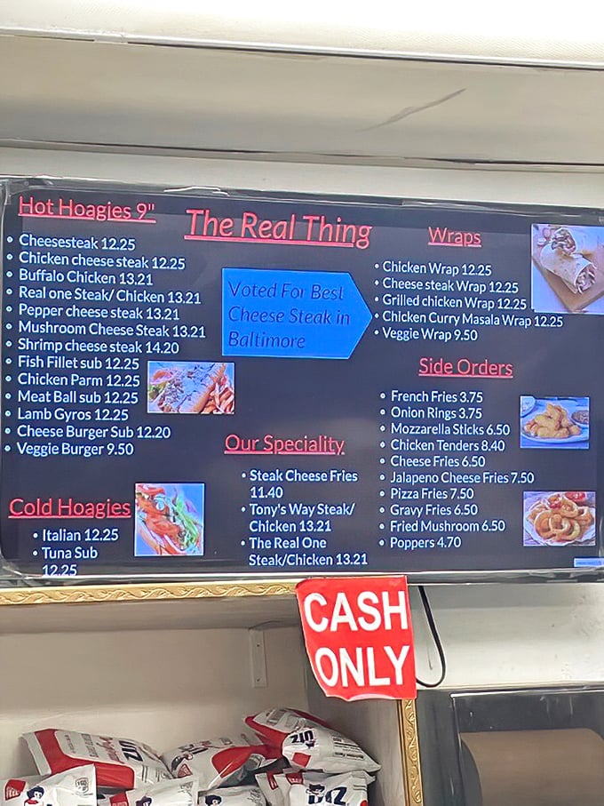 The menu board—a roadmap to happiness. Notice the "Cash Only" sign, a charming throwback to when transactions didn't require WiFi.