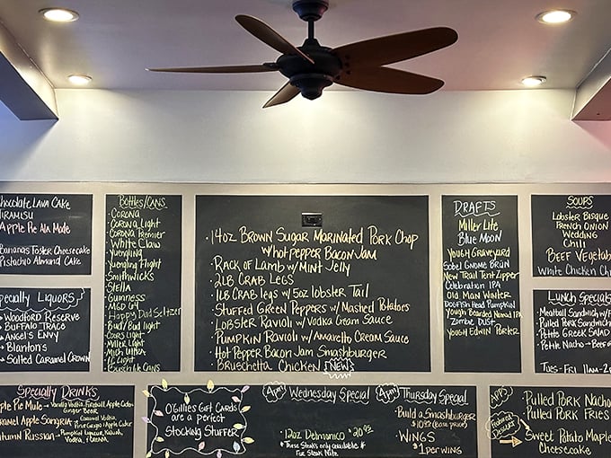 The chalkboard menu reads like a love letter to comfort food with an upscale twist – brown sugar marinated pork chops, anyone?