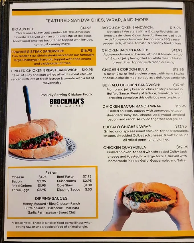 A menu that speaks the universal language of comfort food. The "Big Ass BLT" isn't just a name—it's a promise that Frankie's intends to keep.