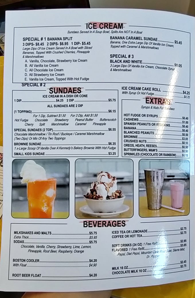 The sacred text of sweetness. Notice how "Sundaes Served In A Soup Bowl" isn't just a description—it's a philosophy of generosity.