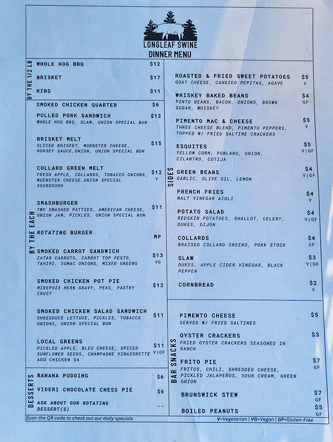 The menu reads like barbecue poetry – whole hog, brisket, and creative sides that prove Longleaf respects tradition while embracing culinary adventure.