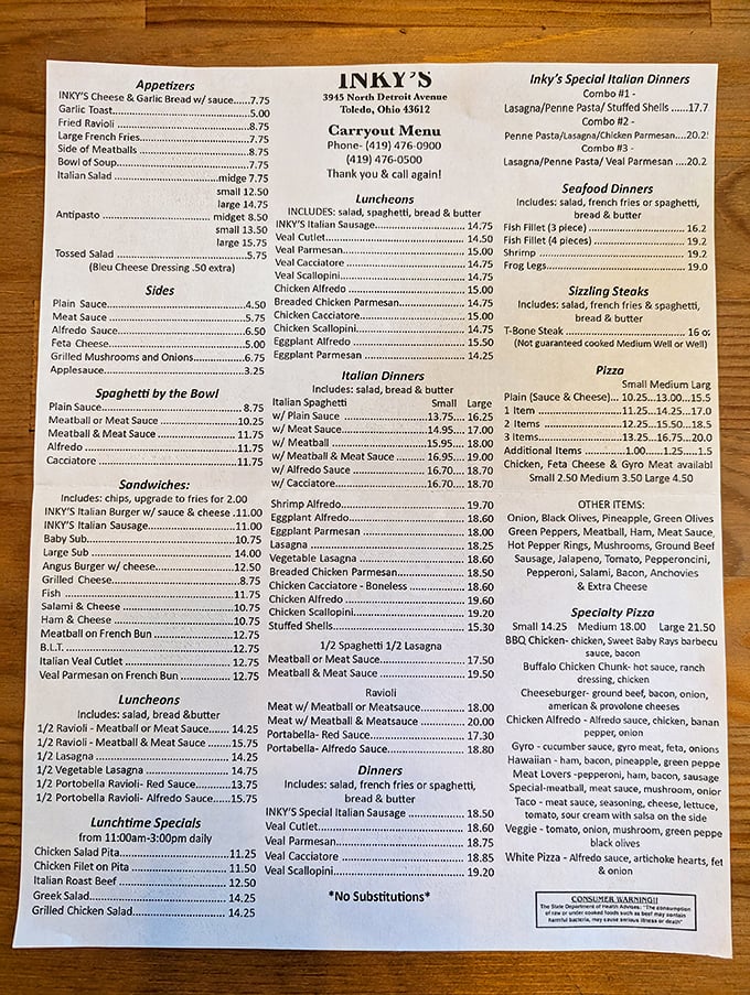 This menu isn't just a list of dishes—it's a family album of Italian-American classics that have been comforting Toledo for generations.
