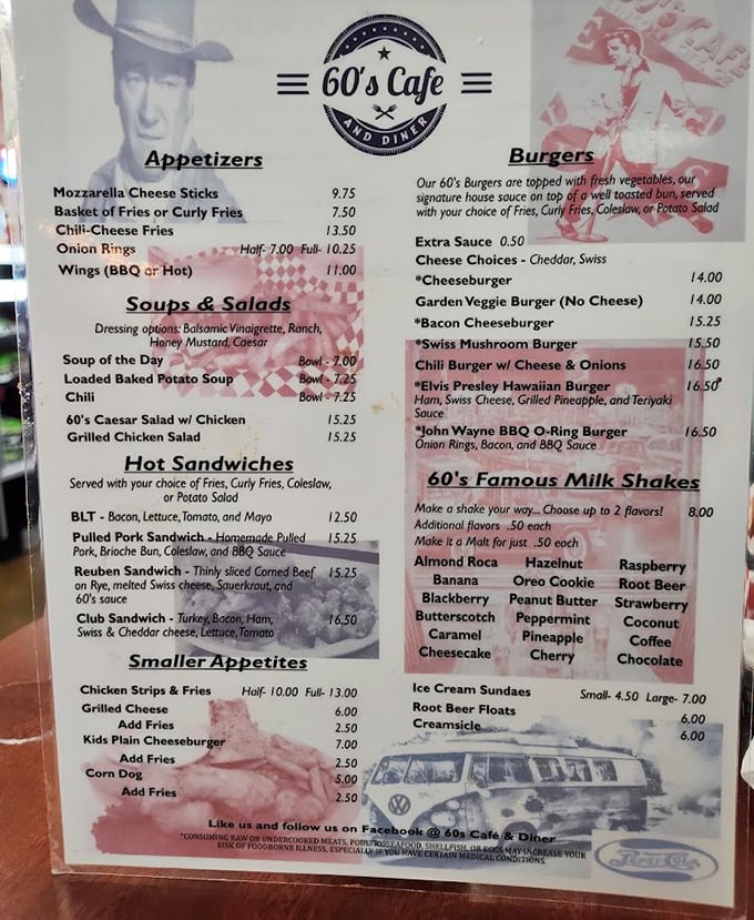 This menu isn't just a list of food—it's a roadmap to happiness. The Elvis Presley Hawaiian Burger might just have you all shook up.