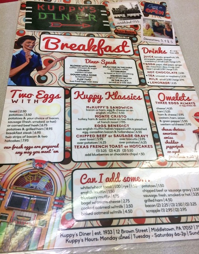 The menu at Kuppy's reads like a love letter to American breakfast classics, with "diner speak" translations for the uninitiated and eggs prepared "any way you want 'em."