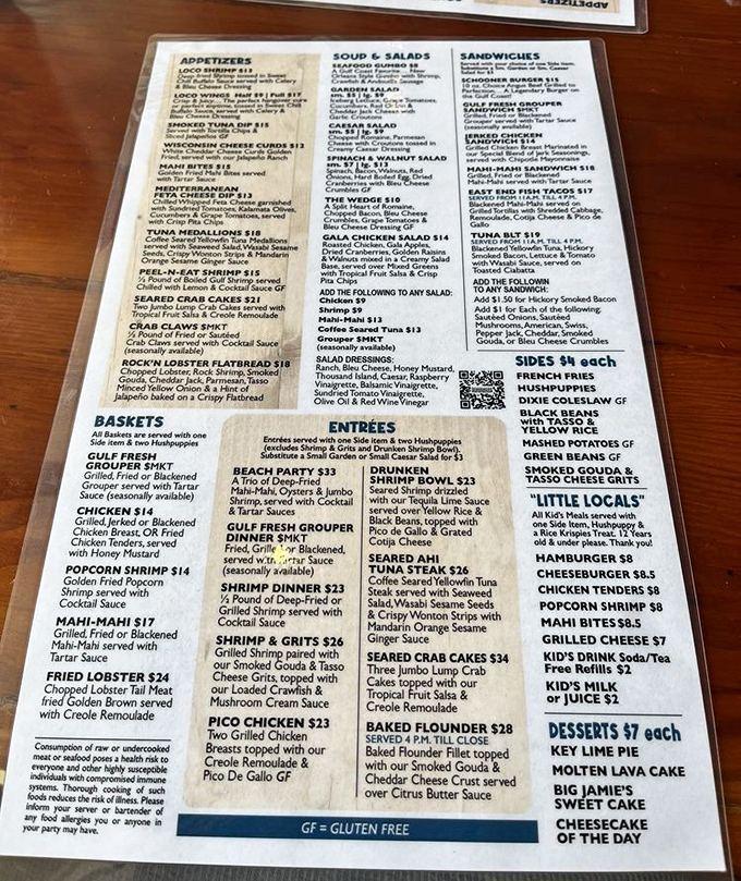 This menu isn't just a list of food – it's a treasure map to Gulf Coast delicacies where X marks the spot on that legendary grouper sandwich.