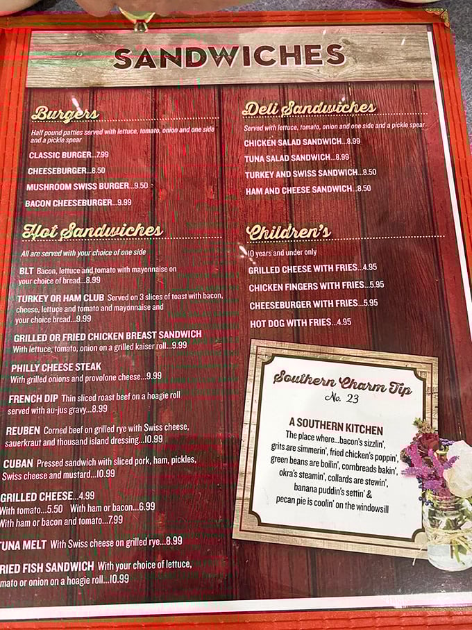 The menu reads like a love letter to comfort food classics – each sandwich promising the kind of satisfaction money usually can't buy.